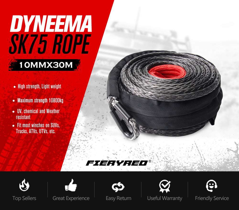 FIERYRED Winch Rope 10mm x 30m Dyneema SK75 Synthetic Rope Tow Recover ...