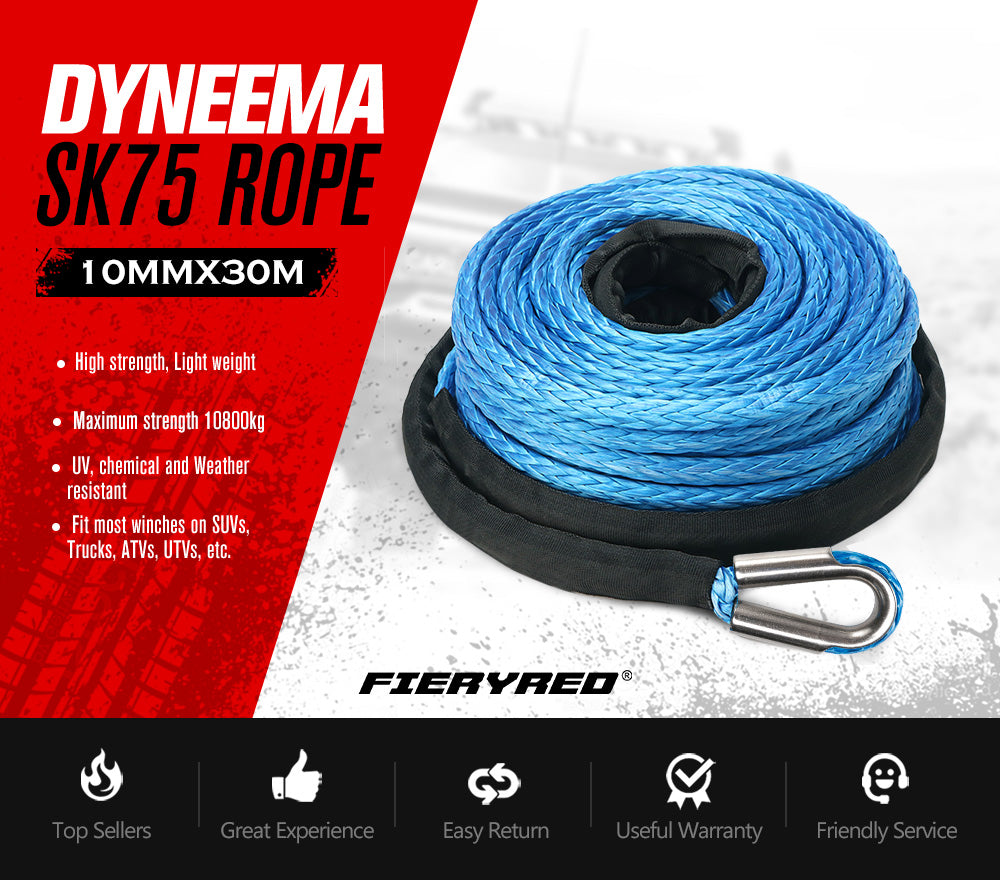 FIERYRED Winch Rope 10mm x 30m Synthetic Dyneema SK75 Tow Recovery Cab ...